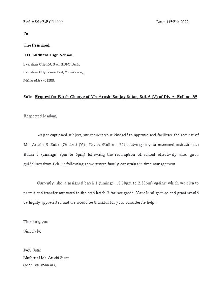 Batch Change Requets Letter - Arushi Sutar.docx | PDF