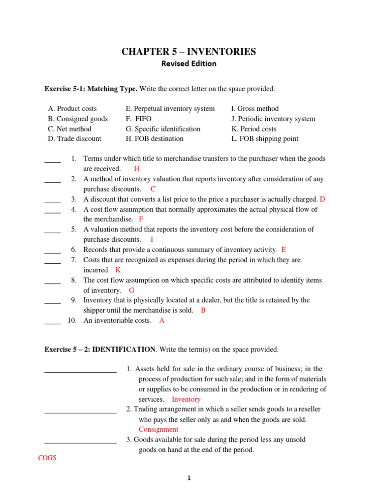 Chapter 5 Inventories Exercises Answer Guide Summer AY2122 PDF ...