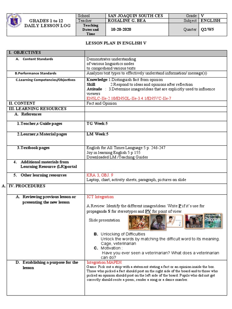Lp In English Pdf Teachers Learning