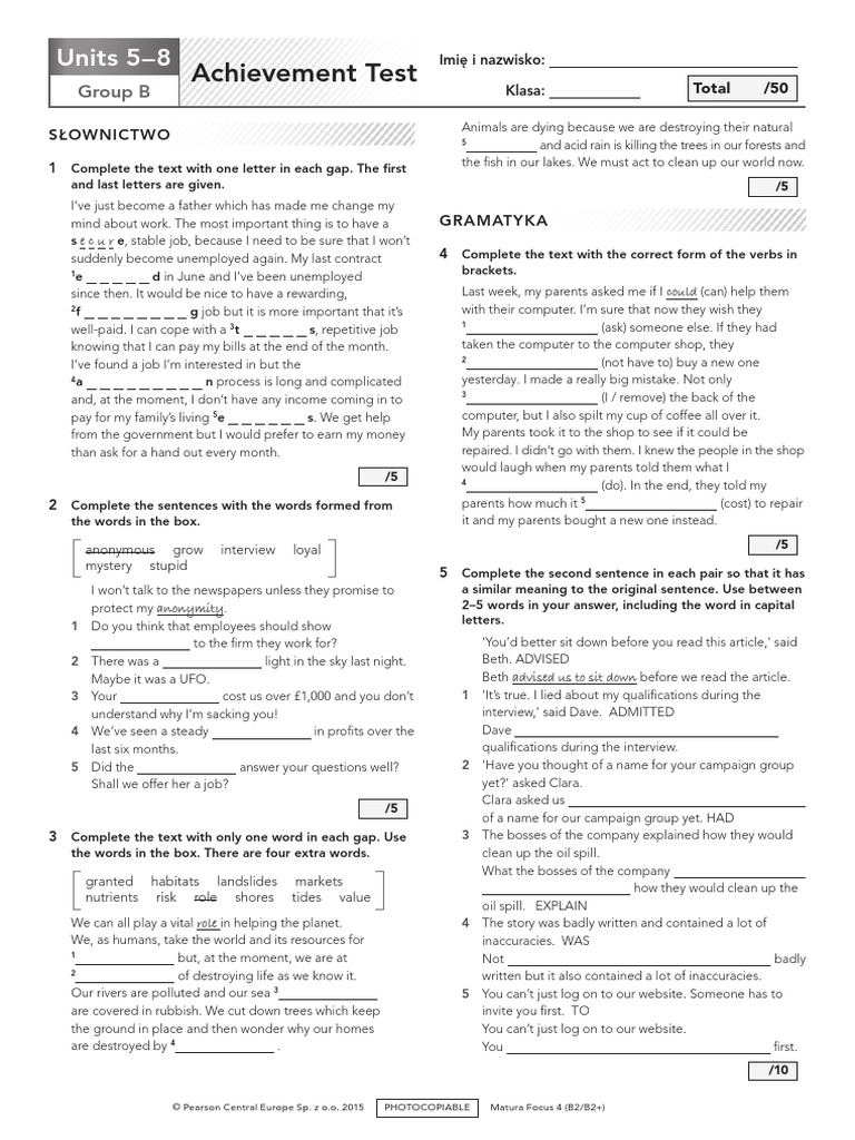 Achievement - Test - Units - 5-8 - Group - B Matura Focus 4 | Download ...