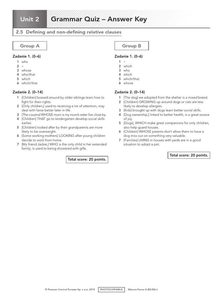 Grammar - Quiz - Lesson - 2 - 5 - Answer - Key Matura Focus 4 | PDF ...