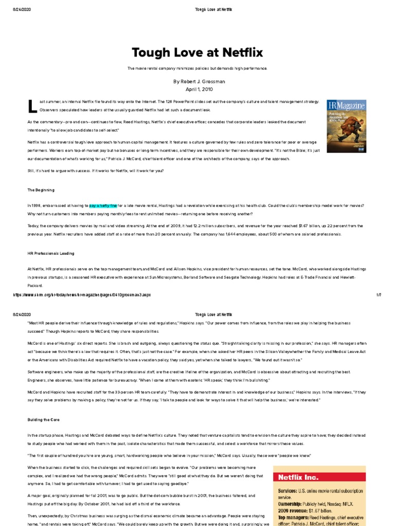 Tut 4 and 5 - Tough Love at Netflix | PDF | Employee Stock Option | Option (Finance)