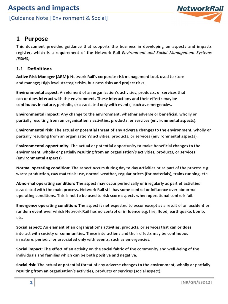 Aspects and Impacts Guidance for ESMS | PDF | Risk | Sustainability
