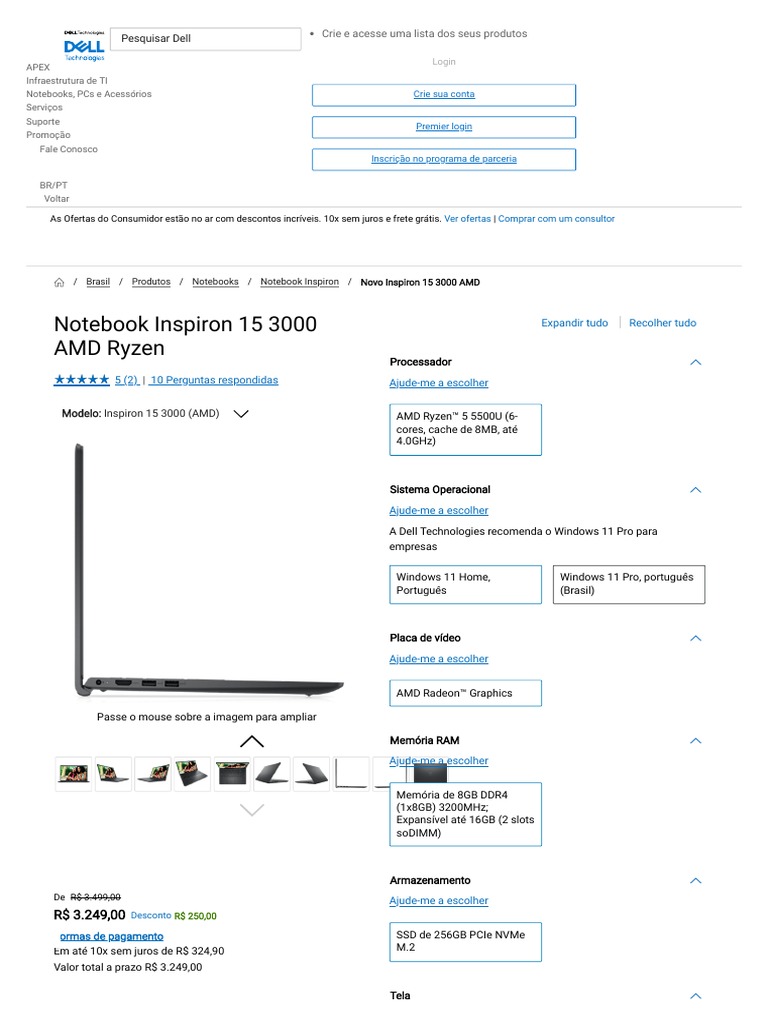 Notebook Inspiron 3525 15 Polegadas AMD Ryzen - Dell Brasil | PDF | USB | Disco de estado sólido
