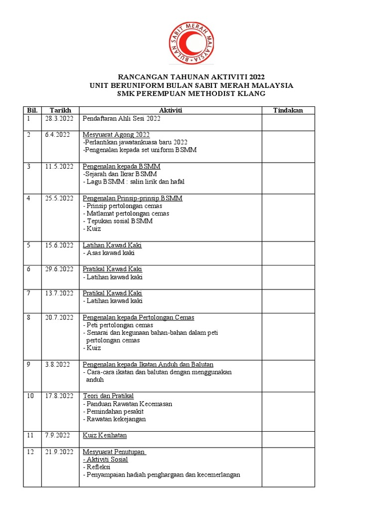 Rancangan Tahunan Aktiviti BSMM 2022 | PDF