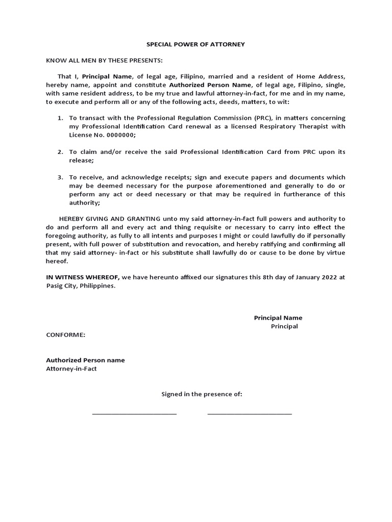 SPECIAL POWER OF ATTORNEY - PRC Renewal Sample | PDF | Power Of ...