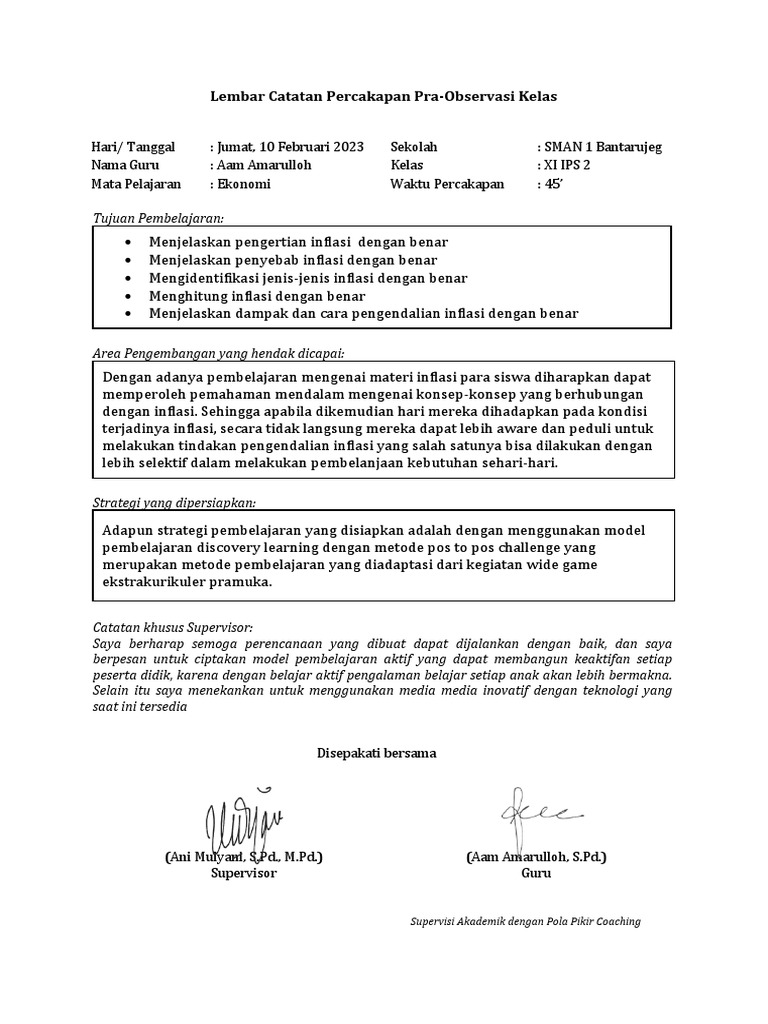 1 - Lembar Catatan Percakapan Pra-Observasi Kelas | PDF