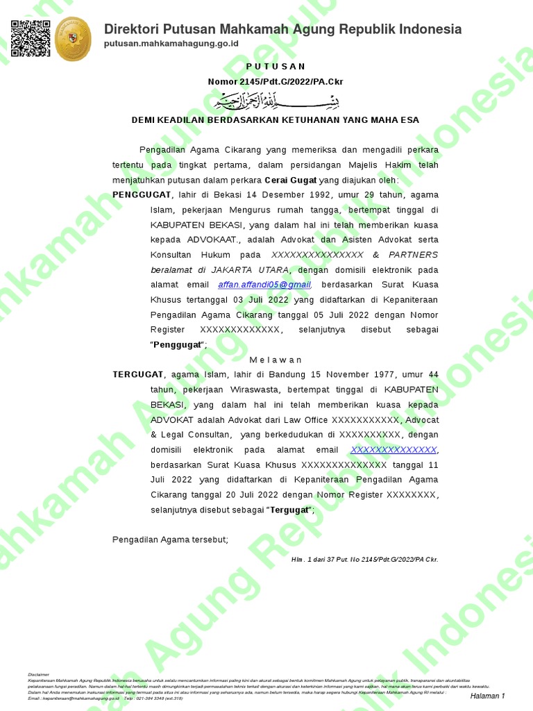 Putusan 2145-Pdt.G-2022-PA.Ckr_Cerai Gugat (Sule-Nathalie) | PDF