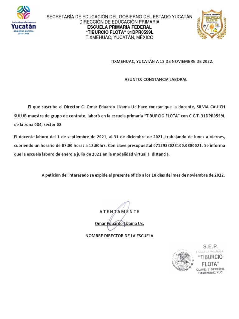 Formato Constancia Laboral - Silvia Cauich Sulub - 31DPR0599L | PDF