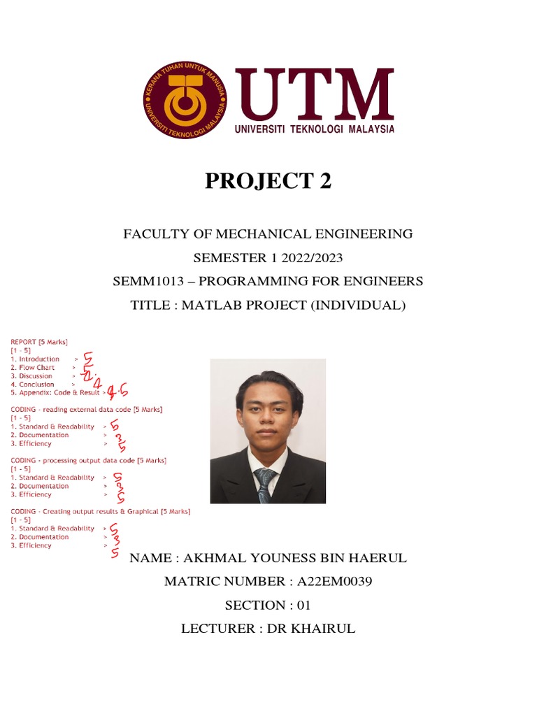 AKHMAL_A22EM0039_Project 2 | PDF | Matlab | Computer Program