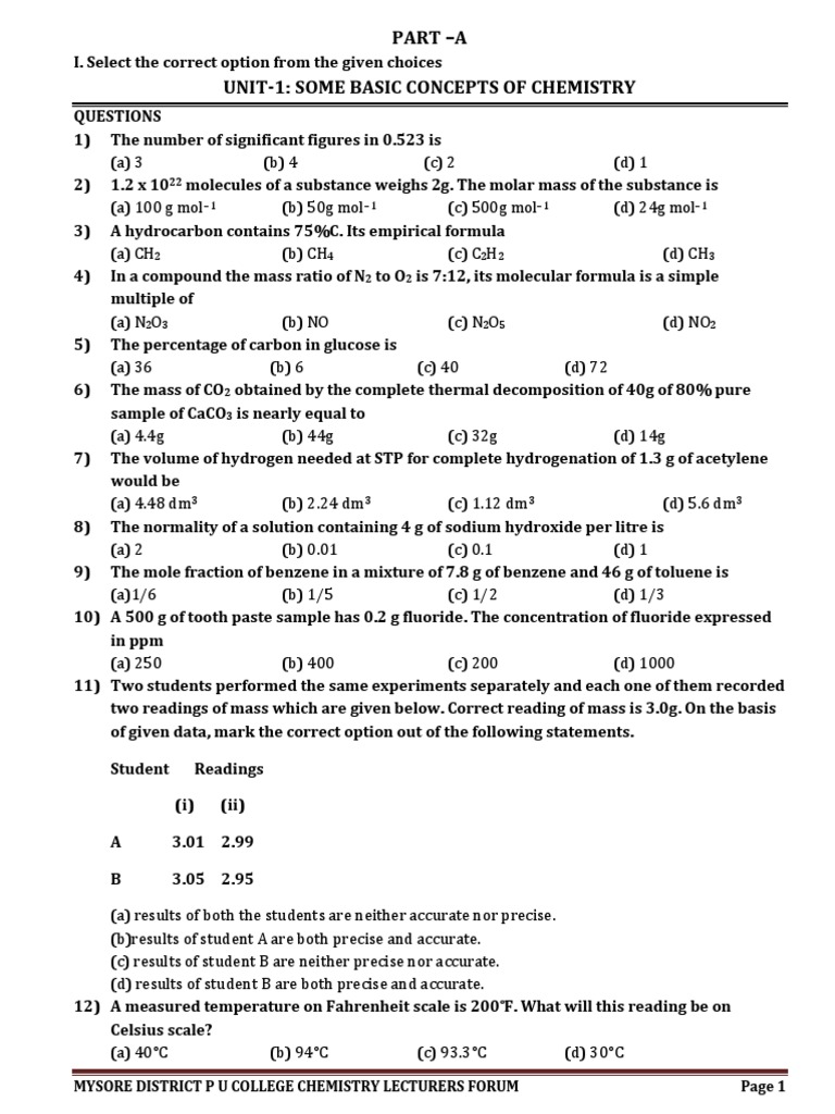 Multiple Choice Questions on Basic Concepts of Chemistry Including ...