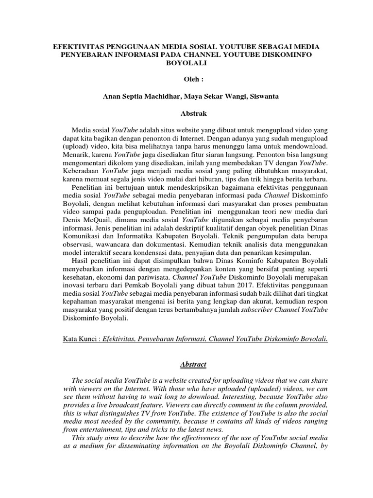 Efektivitas Penggunaan Media Sosial Youtube Sebagai Media PDF | PDF | Ilmu Sosial