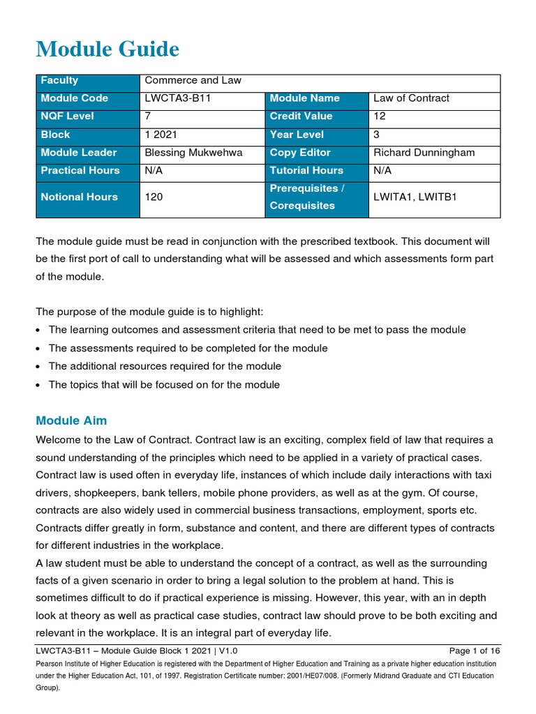 Law of Contract Module Guide 2021 | PDF | Breach Of Contract | Turnitin