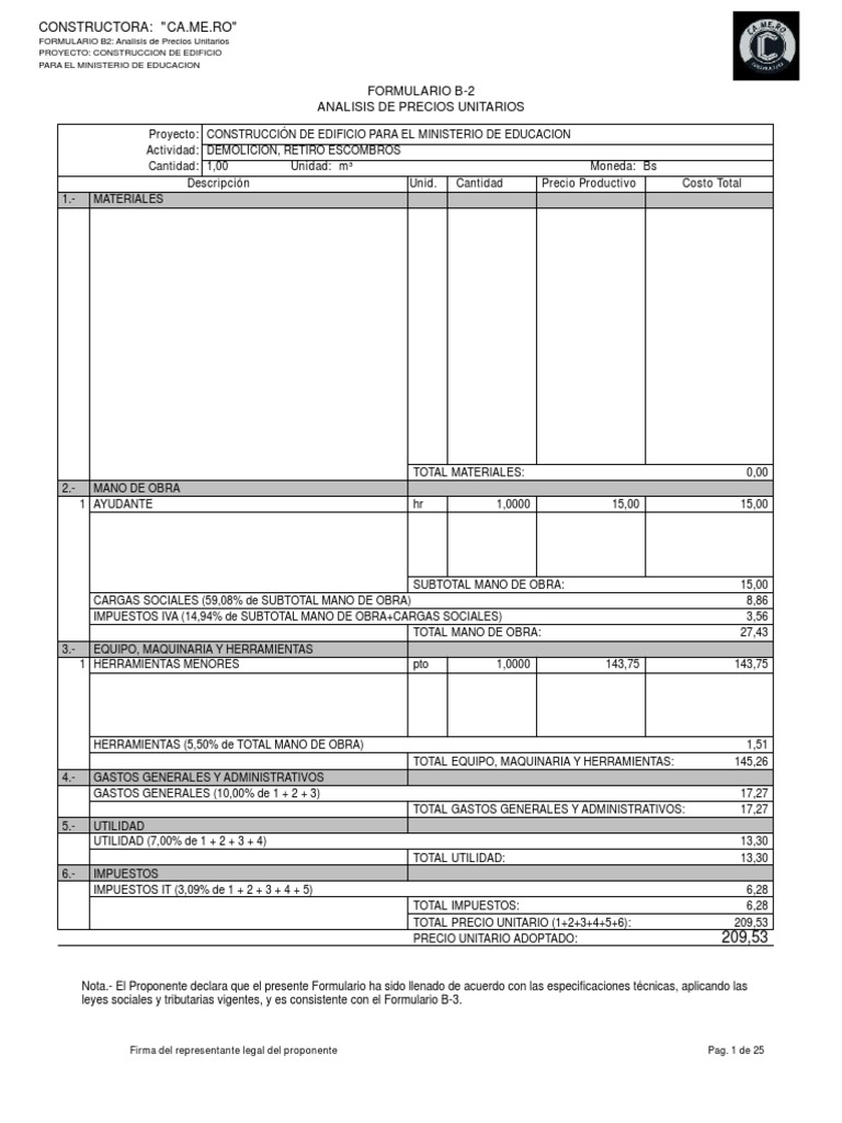 Analisis de Precios Unitarios (Formulario B-2) - GRUPO 2 | PDF | Materiales de construcción ...