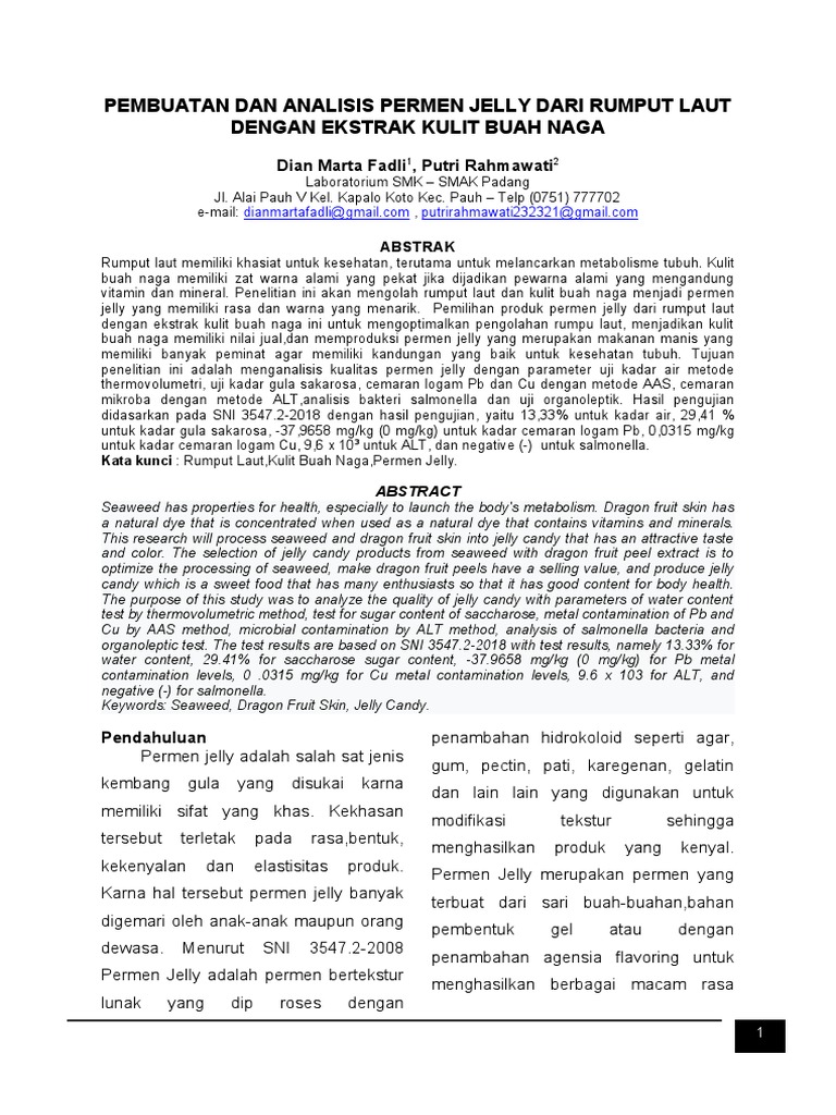 EKSTRAKSI NUTRI DARI RUMPUT LAUT DAN KULIT BUAH NAGA UNTUK PEMBUATAN PERMEN JELLY | PDF