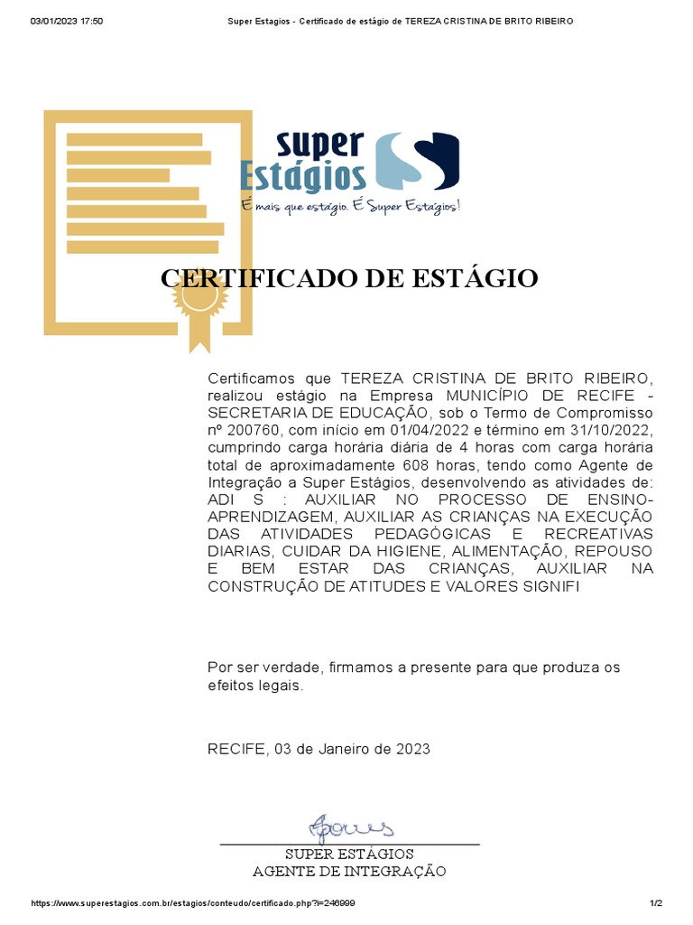 Super Estagios - Certificado de Estágio de TEREZA CRISTINA DE BRITO RIBEIRO PDF | Download ...