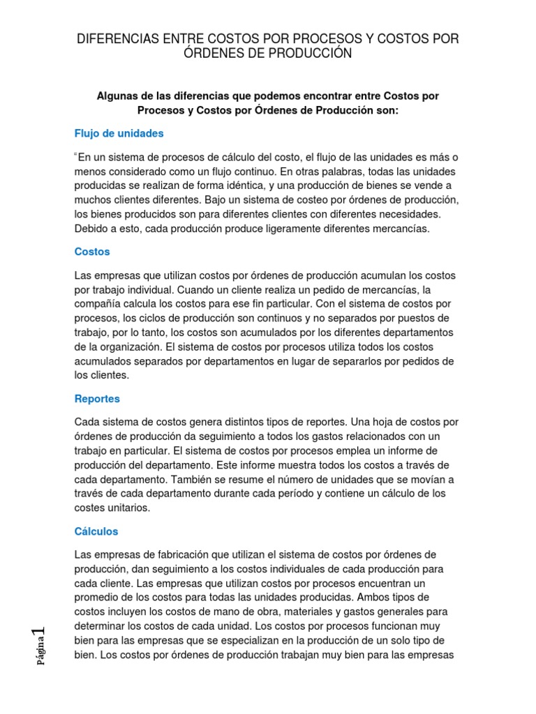 02 - Diferencias Entre Costos Por Procesos y Costos Por Órdenes de Producción | PDF ...