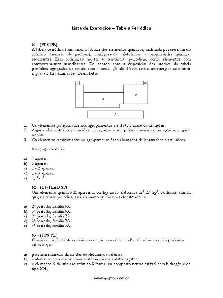 Lista de Exercícios - Tabela Periódica | PDF | Tabela periódica | Química