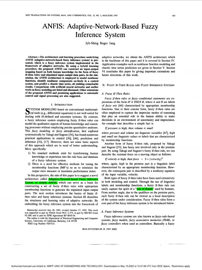 Anfis By Jang 1993 Pdf Pdf Fuzzy Logic Applied Mathematics