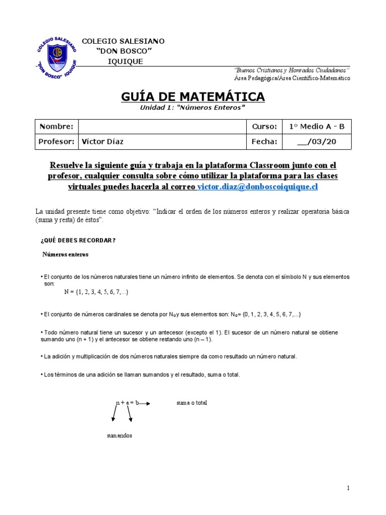 Guía de Matemática: Números Enteros 1° Medio | PDF | Sustracción | Entero