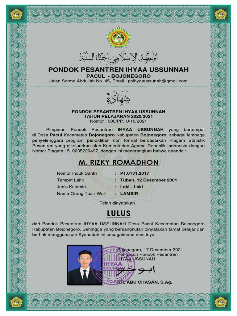Ijazah Lulus Pondok Ihyaa Ussunnah - M. Risky Romadhon | PDF