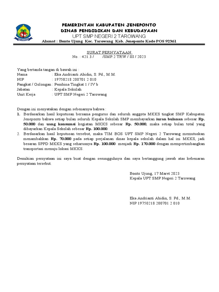 Pernyataan Iuran dan SPPD MKKS | PDF