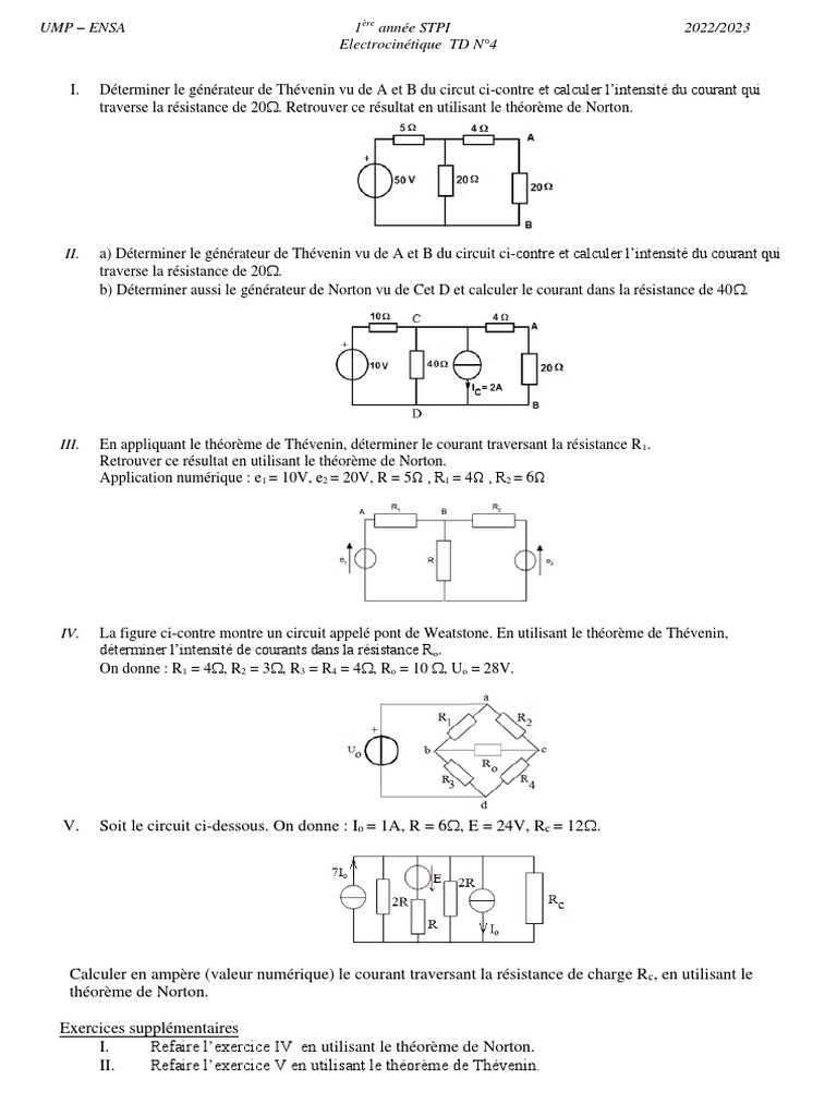 Théorèmes de Thévenin et Norton en TD | PDF | Technologie et ingénierie