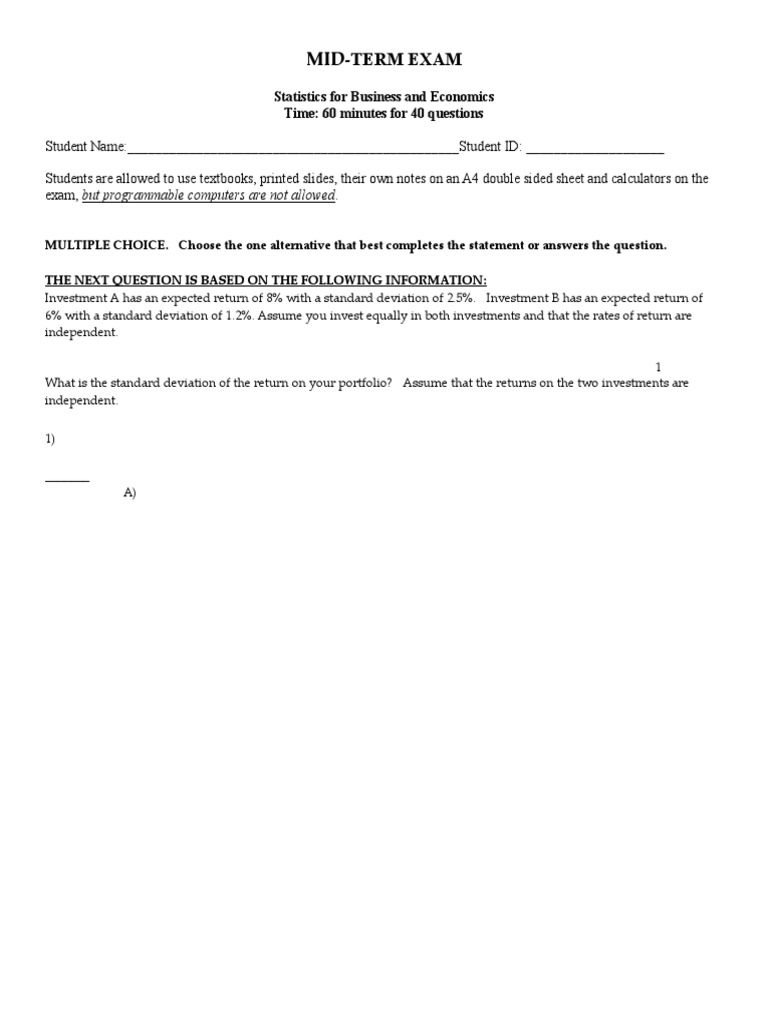 Mba Mid-Term 3 - Solutions | PDF | Standard Deviation | Probability ...