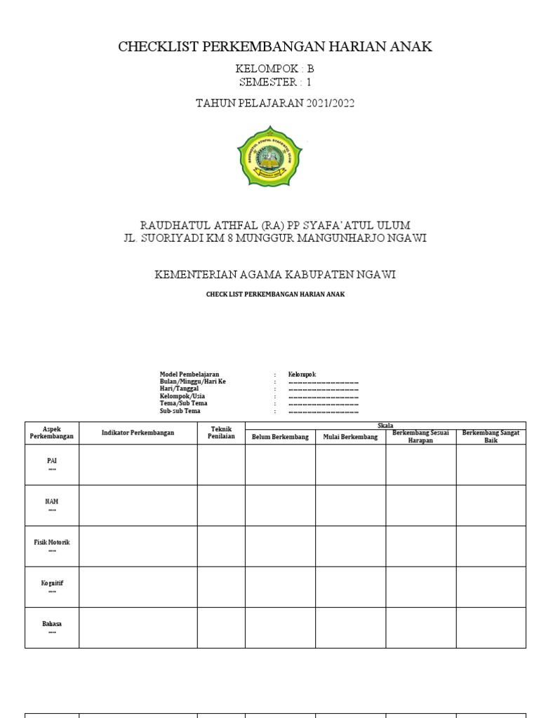 Format Checklist Perkembangan Harian Anak | PDF | Karier & Perkembangan