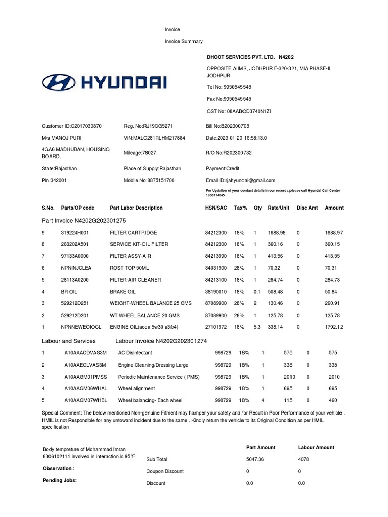 Invoice for Periodic Maintenance Service and Replacement Parts for a ...