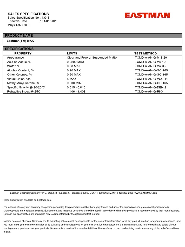 Eastman (TM) MAK: Sales Specifications | PDF