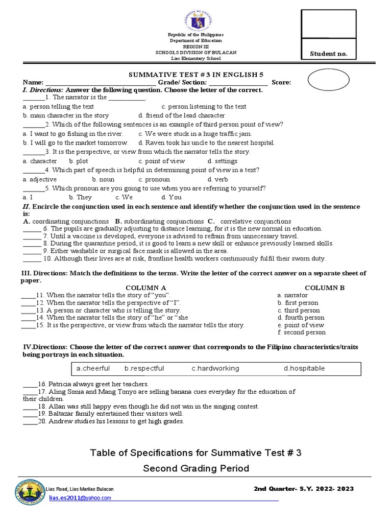 ENGLISH 5 Summative Test No. 3 - Q2 | PDF | Narration | Languages