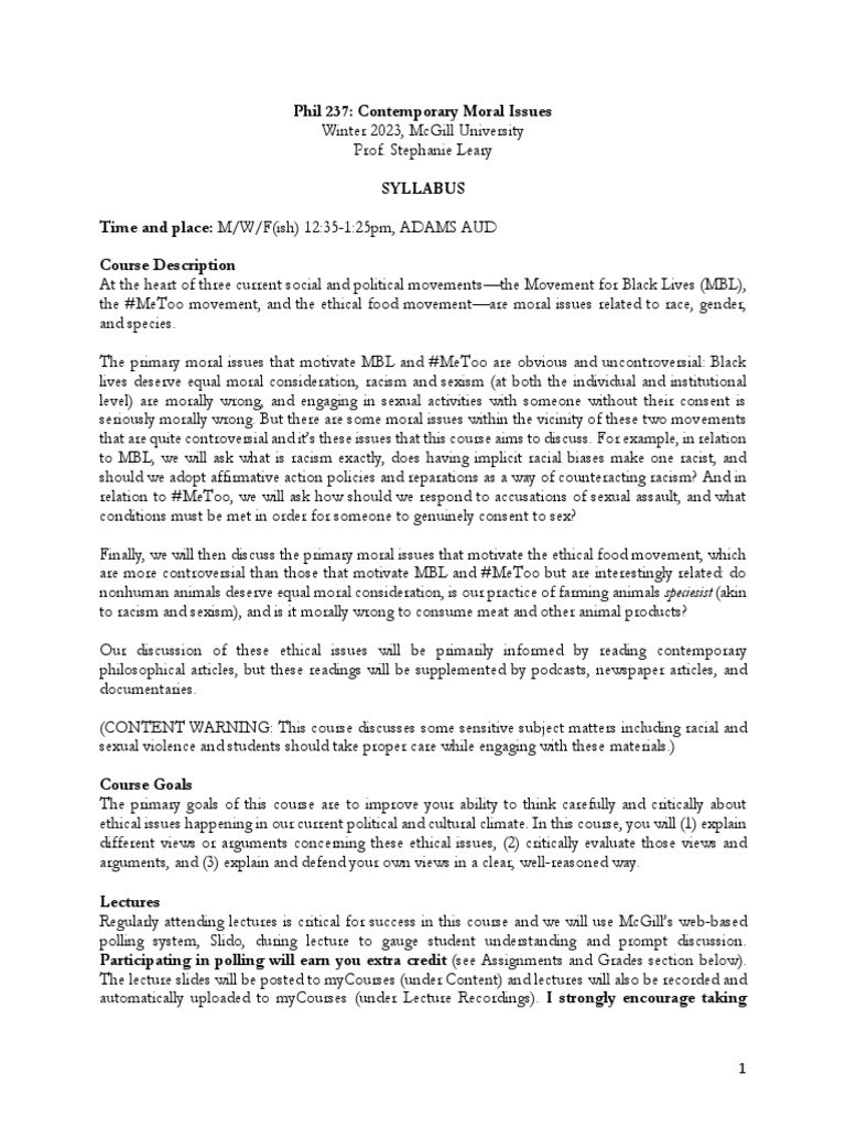 Phil 237 - Contemp Moral Issues - Syllabus - W2023 | PDF | Lecture | Racism