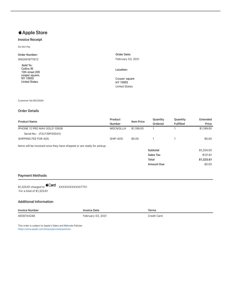 Collins Apple PDF | PDF | Invoice | Receipt