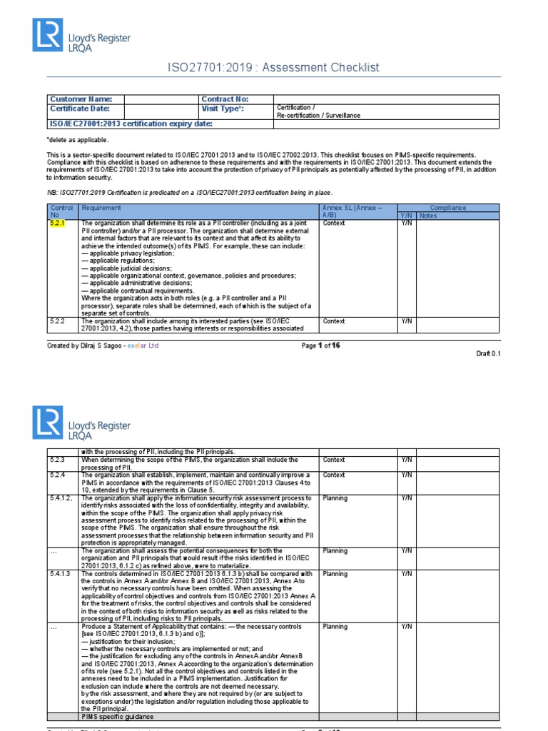 Auditing Checklist ISO27701 - Draft - 01 - Landscape RV MBv1 | PDF ...