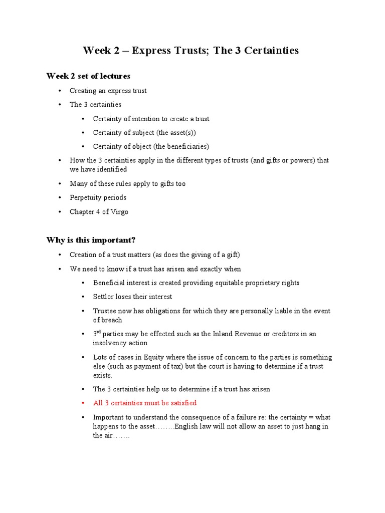W2 Express Trusts and The Three Certainties | PDF | Trust Law | English ...