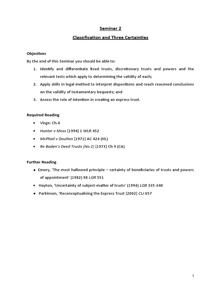 Seminar 2 - Classifcation and The Three Certainties | PDF | Trust Law | Common Law