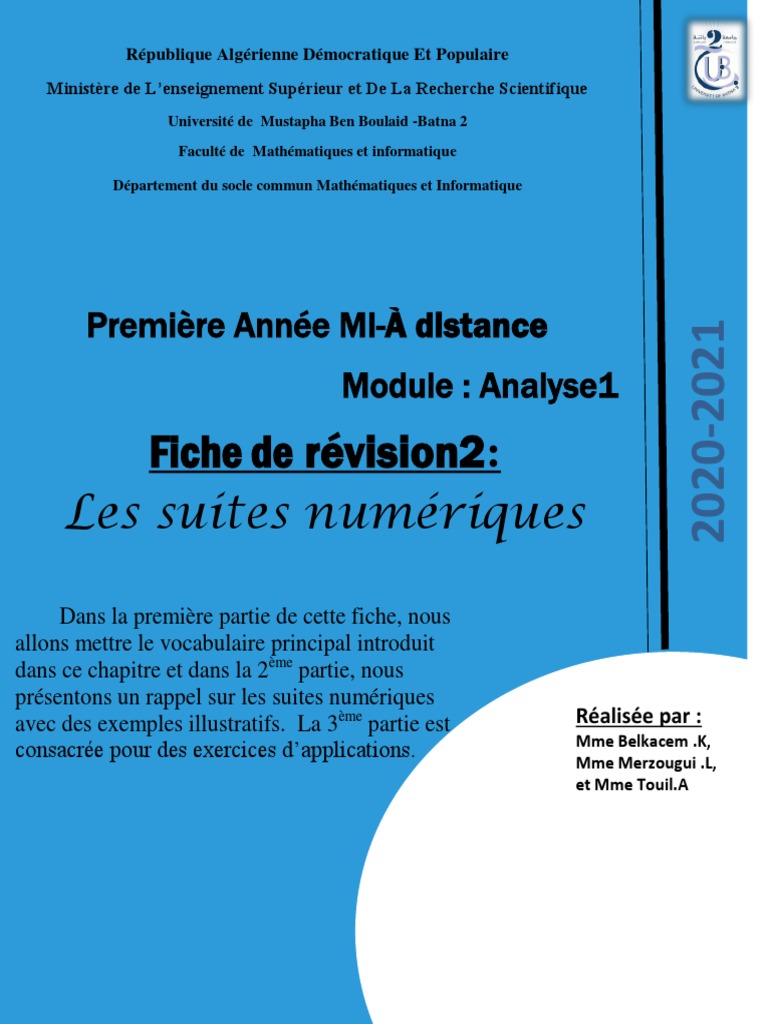 Fiche de Revision2 Les Suites Numeriques | PDF | Limite (mathématiques ...