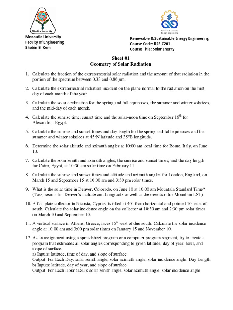 Solar Radiation Geometry Calculations | PDF | Latitude | Sunset