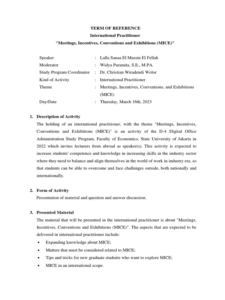 Term of Reference (TOR) International Webinar MICE-2 | PDF