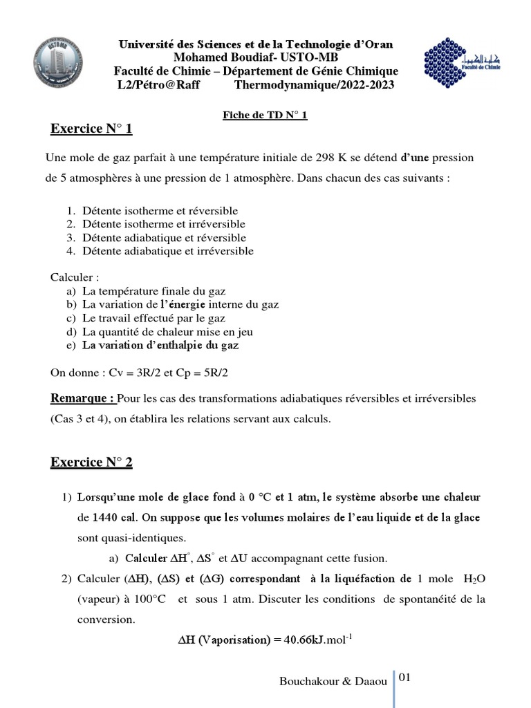 Td1 - Thermodynamique - 1 | PDF | Chaleur | Physique