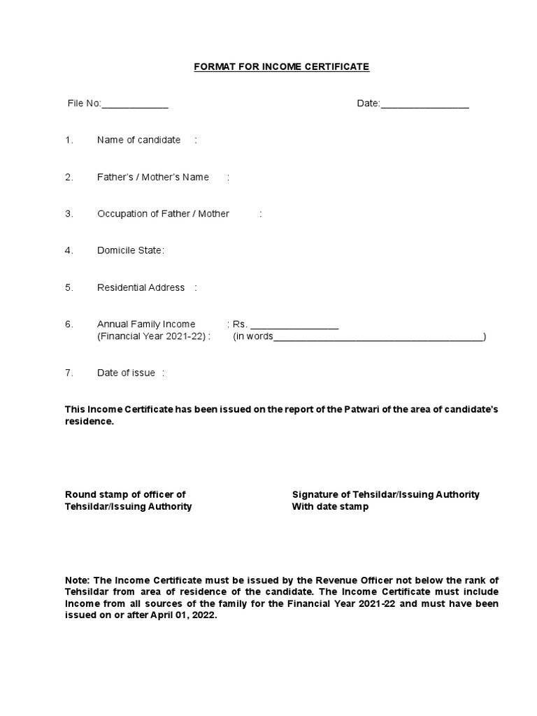 FORMAT FOR INCOME CERTIFICATE Sainik School | PDF | Finance & Money ...