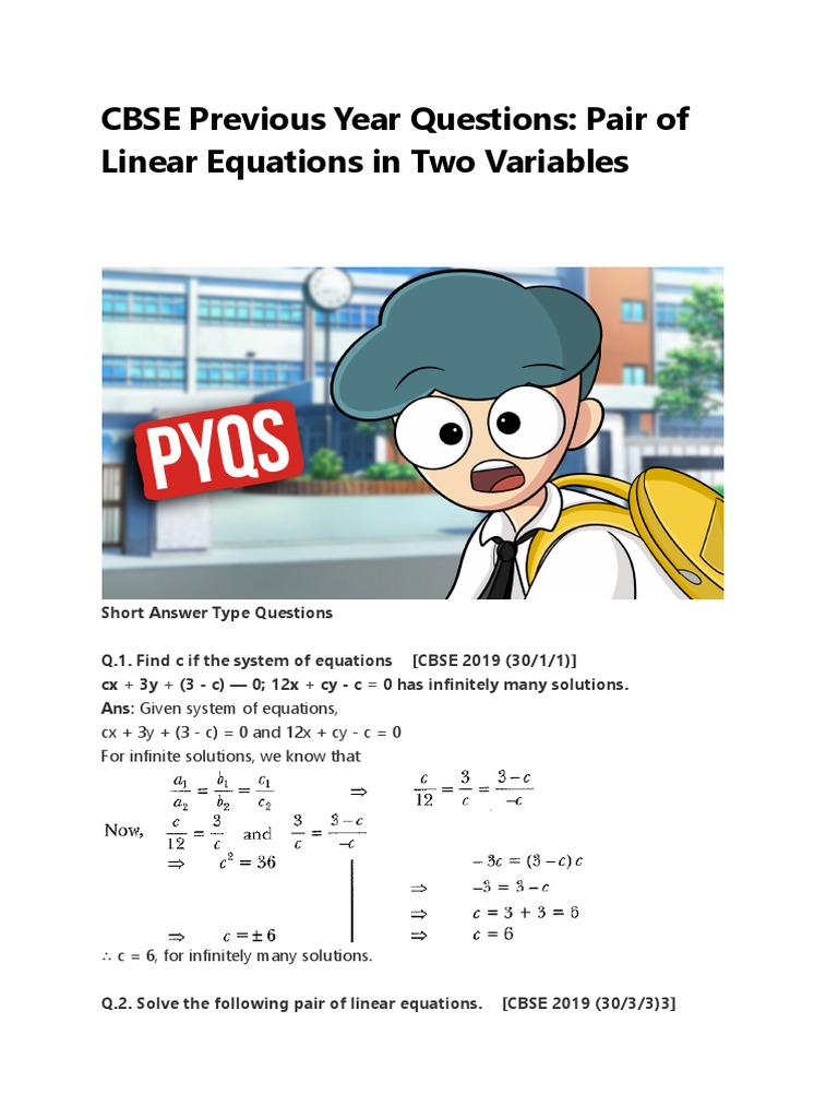CBSE Previous Year Questions Pair of Linear Equations in Two Variables PDF | PDF | Equations ...