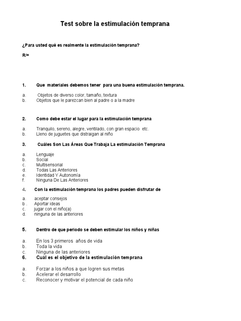 Test Sobre La Estimulación Temprana | PDF