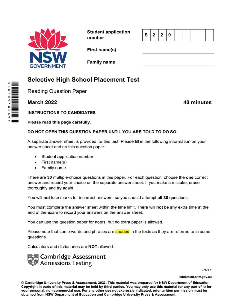 READING - QUESTION - PAPER 2022 Selective Test | PDF