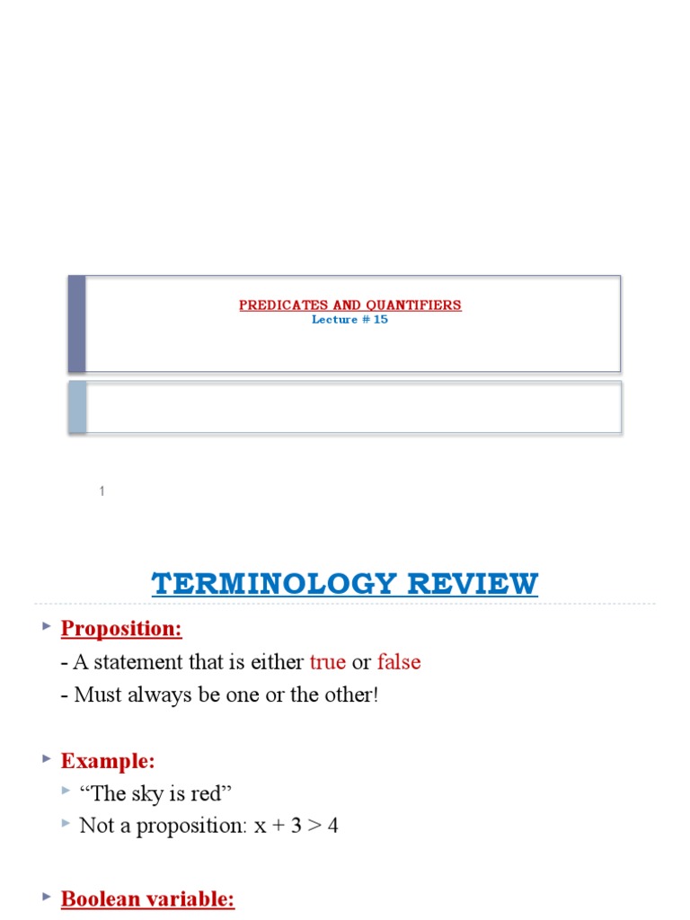 Lecture # 15 Predicates | PDF | Proposition | Logic