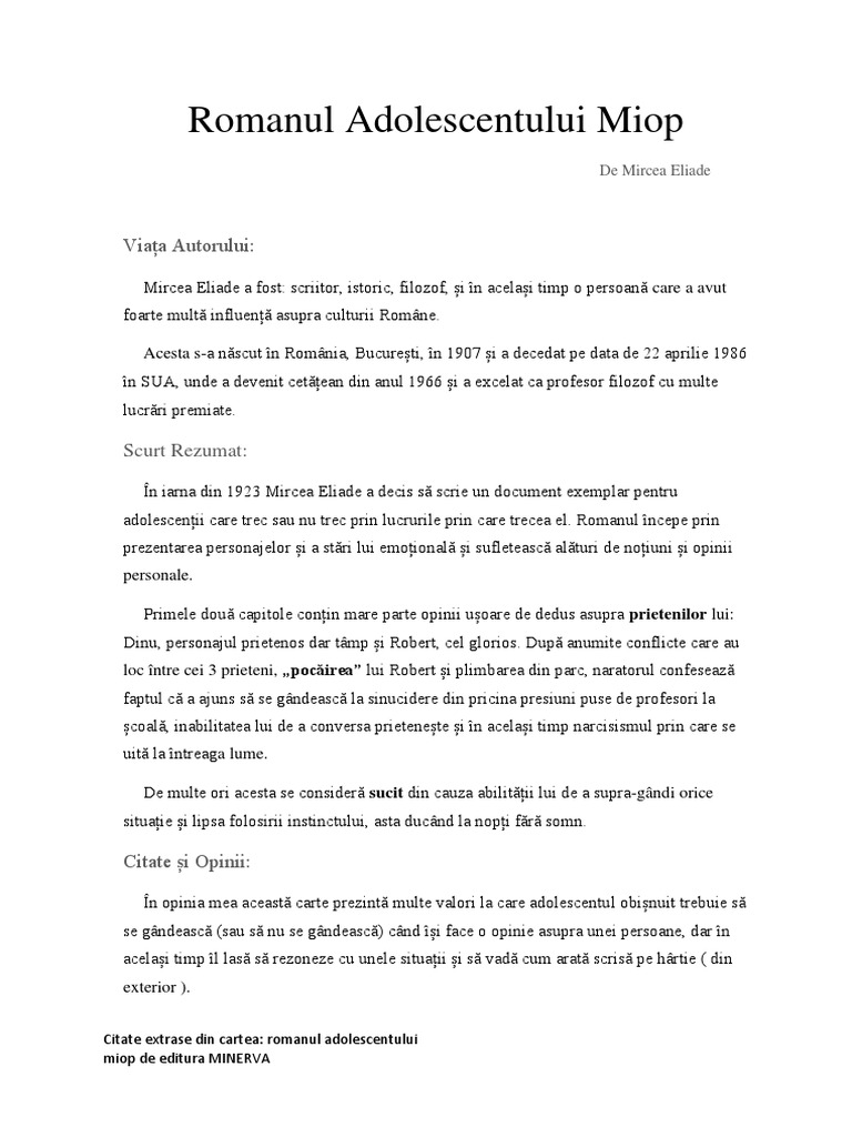 Romanul Adolescentului Miop | PDF