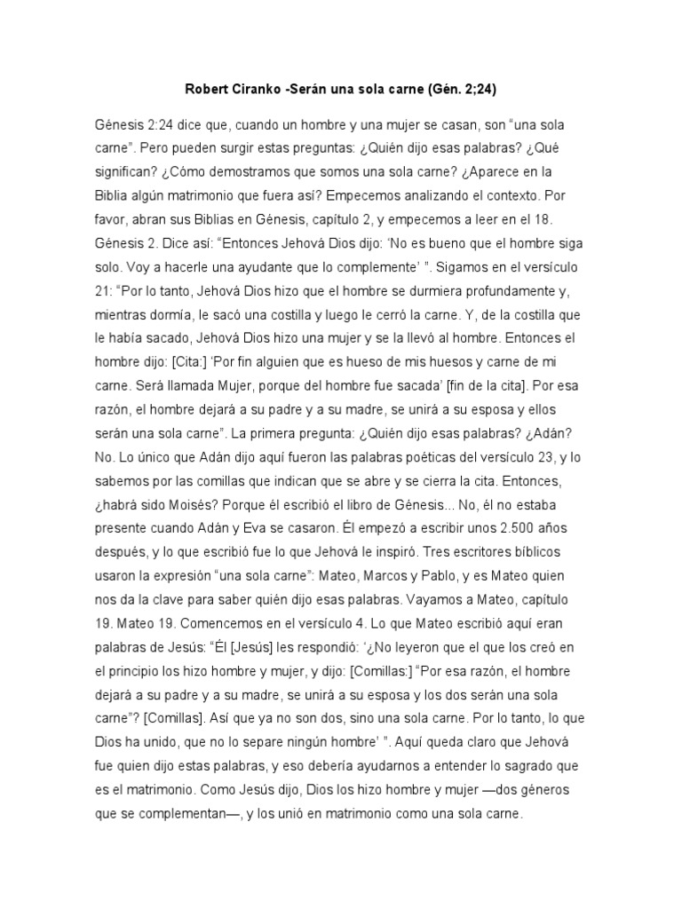 Robert Ciranko - Serán Una Sola Carne (Gén. 2 24) | PDF | Matrimonio ...