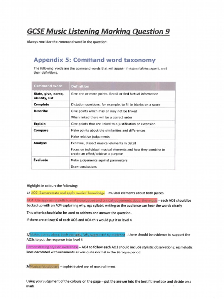 GCSE Edexcel Music Question 9 Marking Booklet Markscheme | PDF