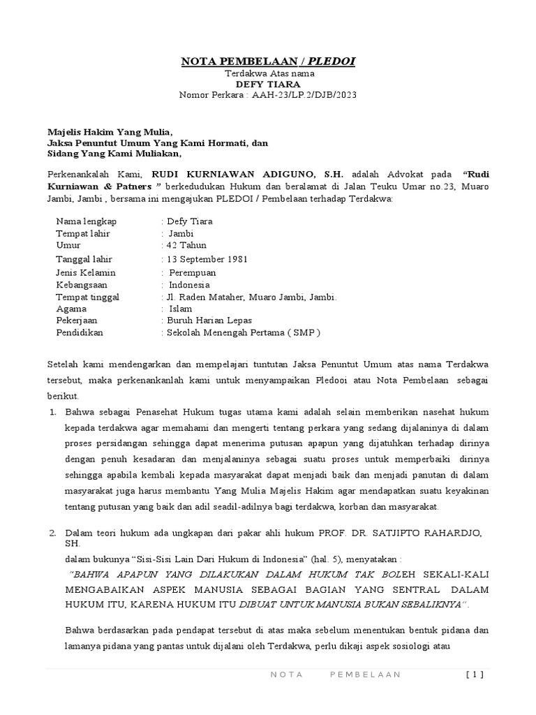 Nota Pembelaan (PLEDOI) | PDF Nota Pembelaan (PLEDOI) | PDF
